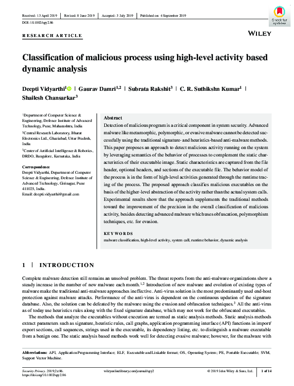 (PDF) Classification of malicious process using high‐level activity ...