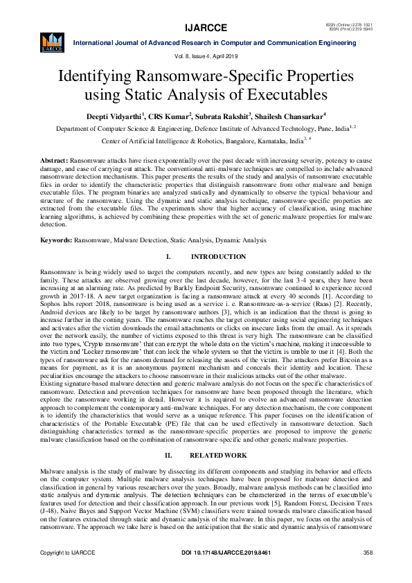 Pdf Identifying Ransomware Specific Properties Using Static Analysis Of Executables