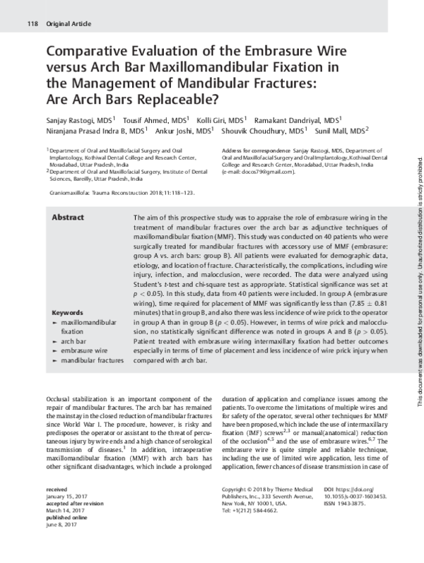 (PDF) Comparative Evaluation of the Embrasure Wire versus Arch Bar Maxillomandibular Fixation in ...