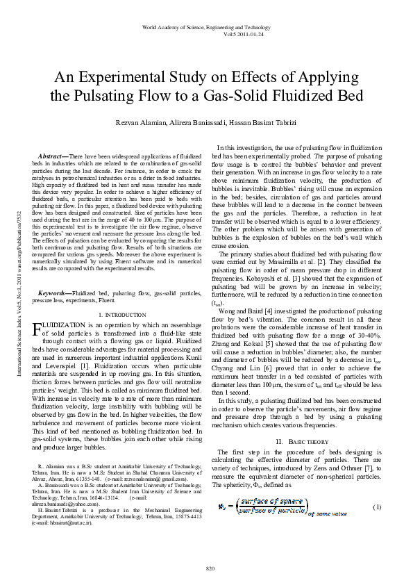 (PDF) An Experimental Study on Effects of Applying the Pulsating Flow to a Gas Solid Fluidized Bed