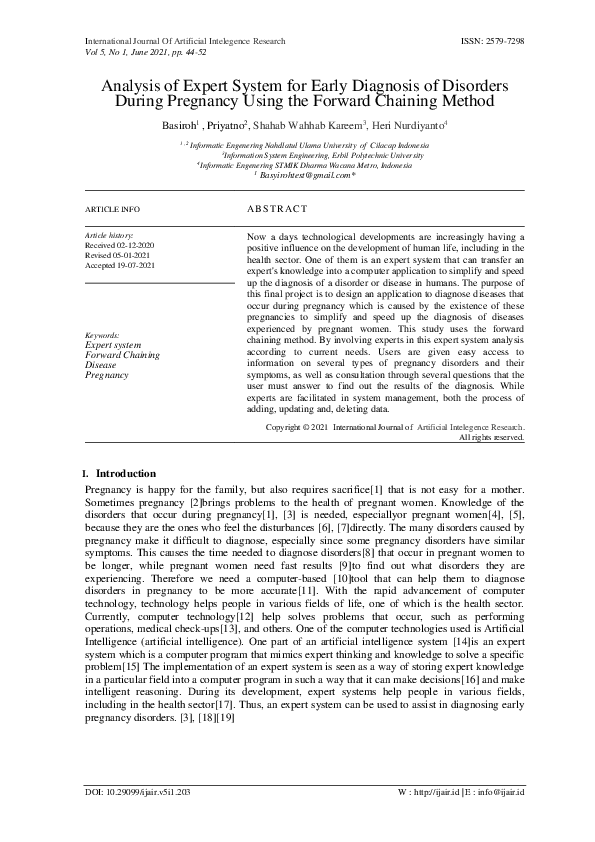 (PDF) Analysis of Expert System for Early Diagnosis of Disorders During Pregnancy Using the ...