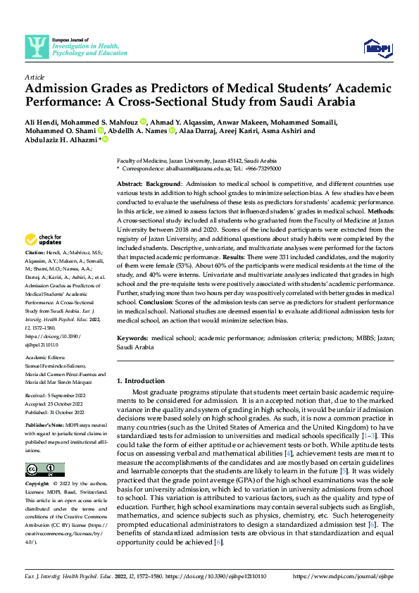 (PDF) Admission Grades as Predictors of Medical Students’ Academic Performance: A Cross ...