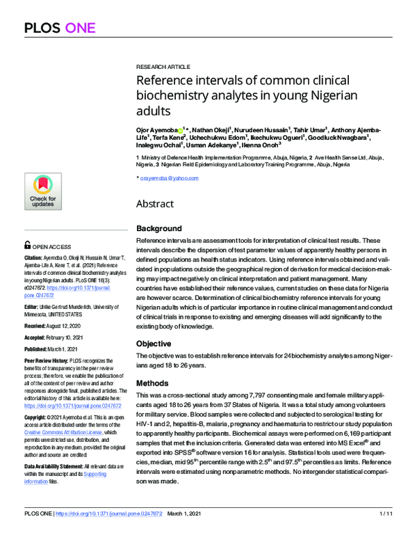 (PDF) Reference intervals of common clinical biochemistry analytes in ...