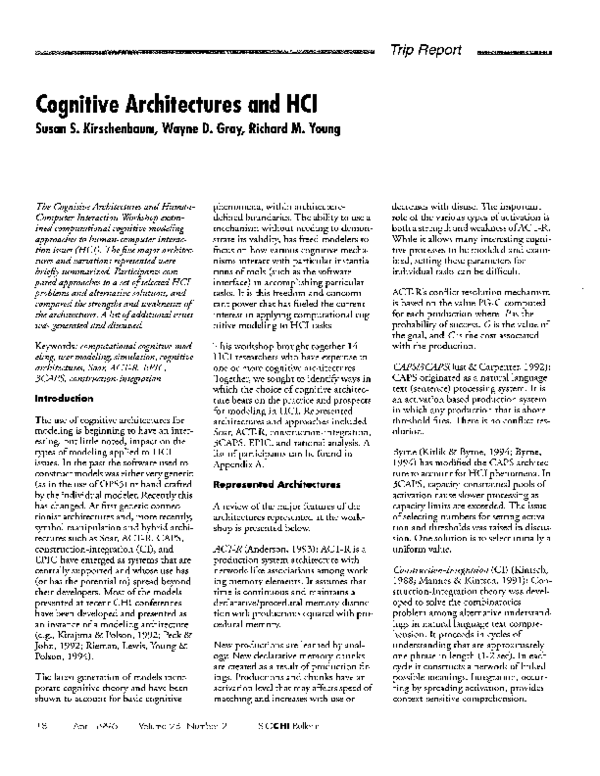 Pdf Cognitive Architectures And Hci