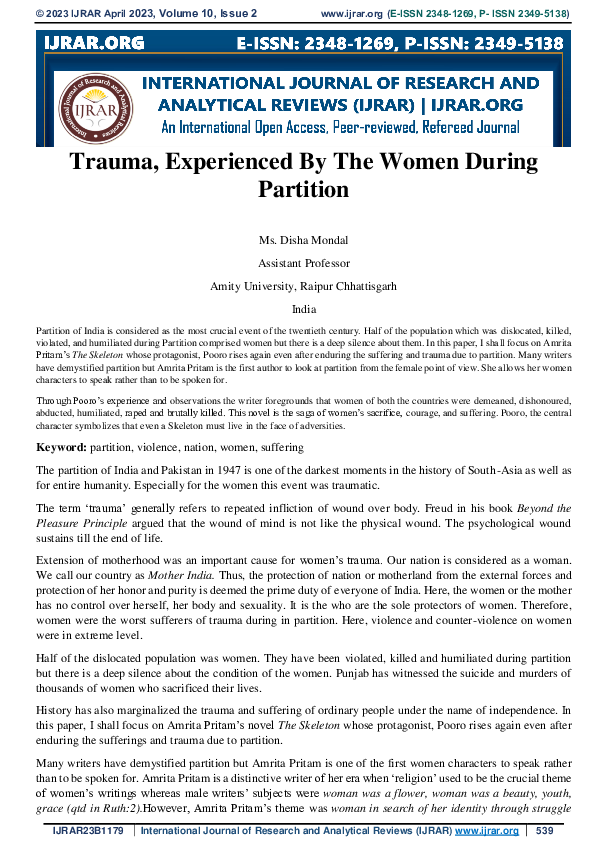 (PDF) Trauma, Experienced By The Women During Partition
