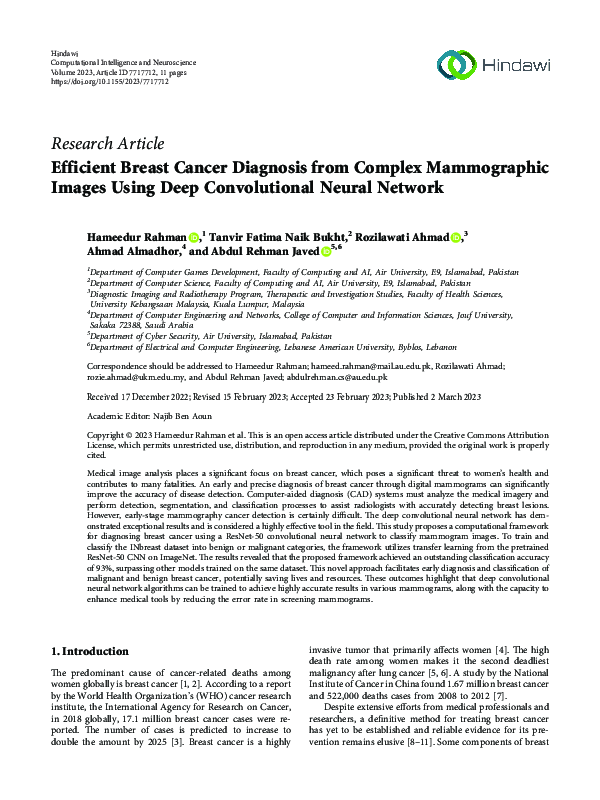 Pdf Efficient Breast Cancer Diagnosis From Complex Mammographic Images Using Deep