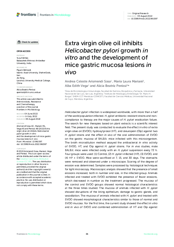 (PDF) Extra virgin olive oil inhibits Helicobacter pylori growth in ...