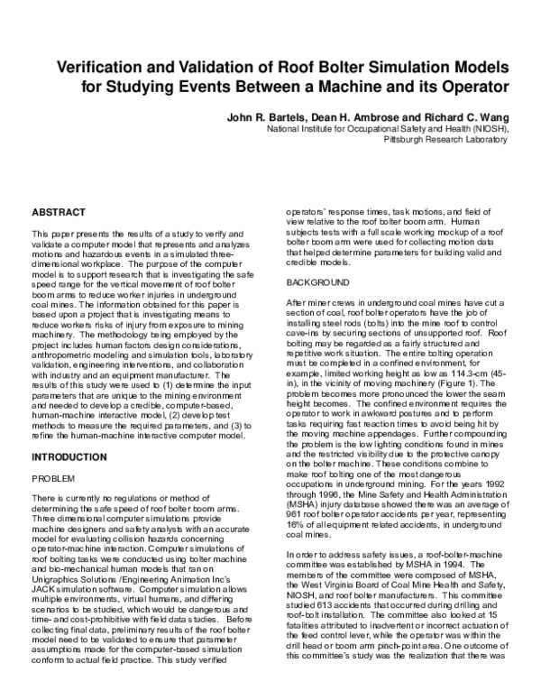 (PDF) Verification and Validation of Roof Bolter Simulation Models for ...