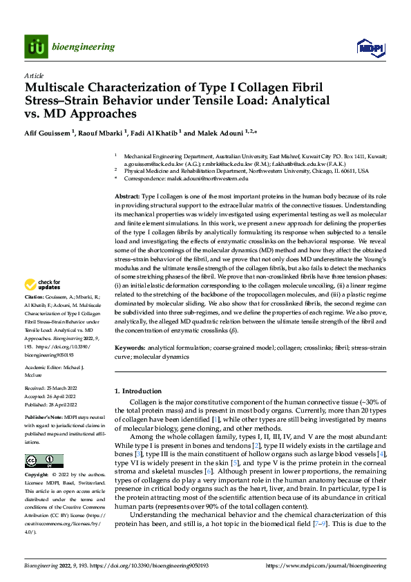 (PDF) Multiscale Characterization of Type I Collagen Fibril Stress–Strain Behavior under Tensile ...