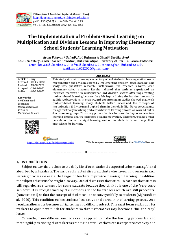 (PDF) The Implementation of Problem-Based Learning on Multiplication ...
