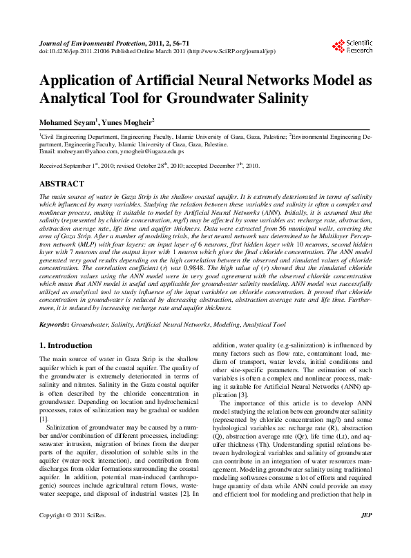 (PDF) Application of Artificial Neural Networks Model as Analytical Tool for Groundwater Salinity