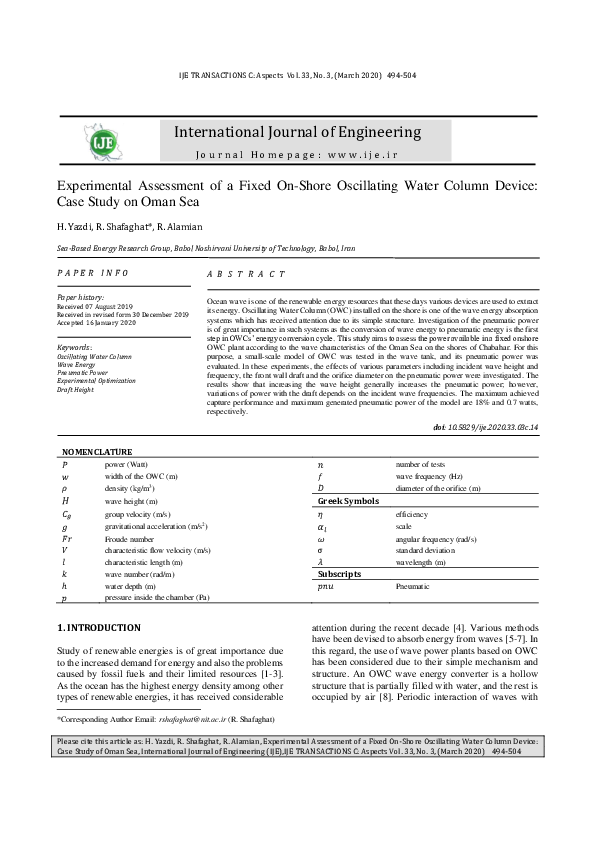 (PDF) Experimental Assessment of a Fixed On-Shore Oscillating Water Column Device: Case Study on ...