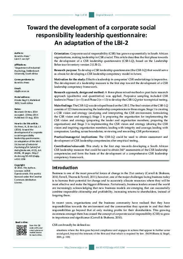 (PDF) Toward the development of a corporate social responsibility ...
