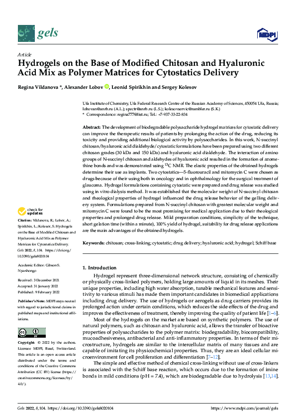 (PDF) Hydrogels on the Base of Modified Chitosan and Hyaluronic Acid ...