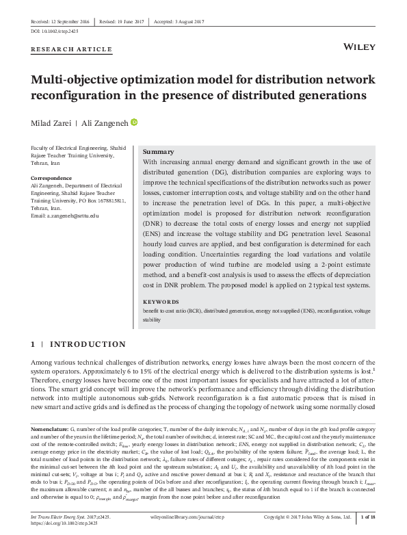 (PDF) Multi-objective optimization model for distribution systems restoration