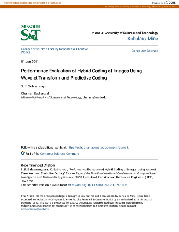 (PDF) Performance evaluation of hybrid coding of images using wavelet transform and predictive ...