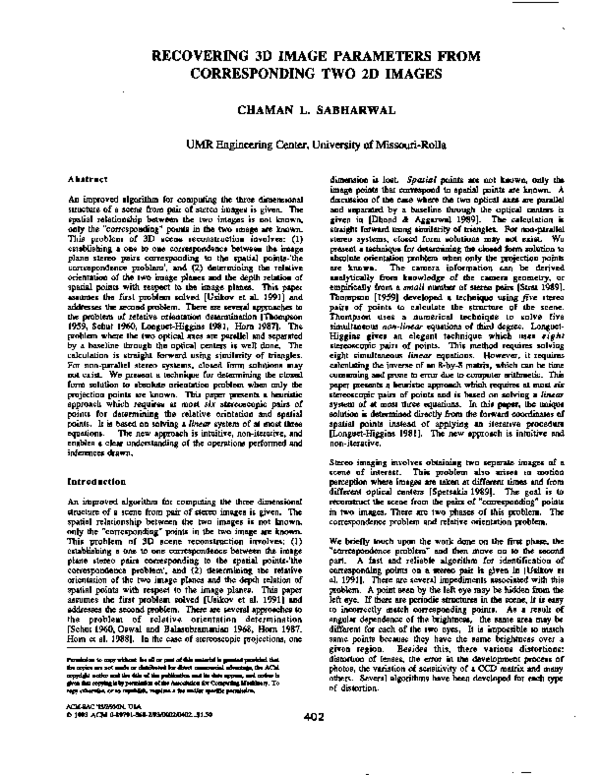 (PDF) Recovering 3D image parameters from corresponding two 2D images