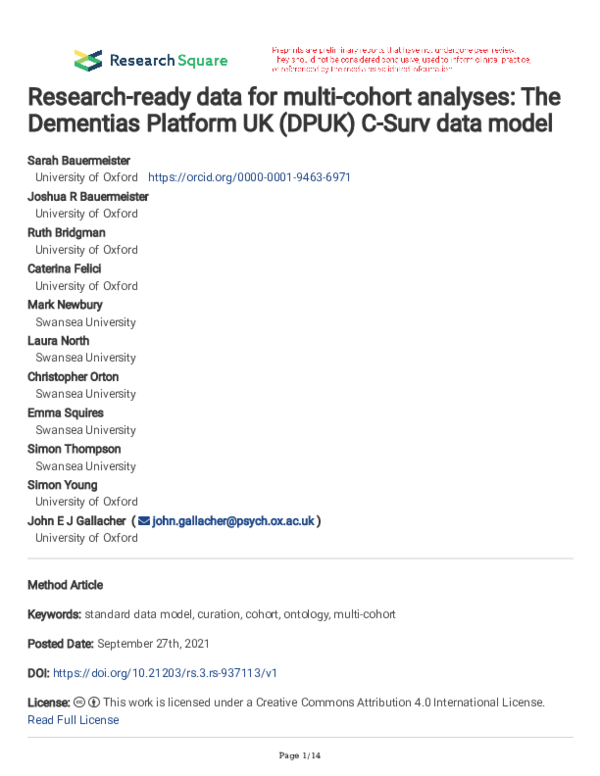 (PDF) Research-ready data for multi-cohort analyses: The Dementias Platform UK (DPUK) C-Surv ...