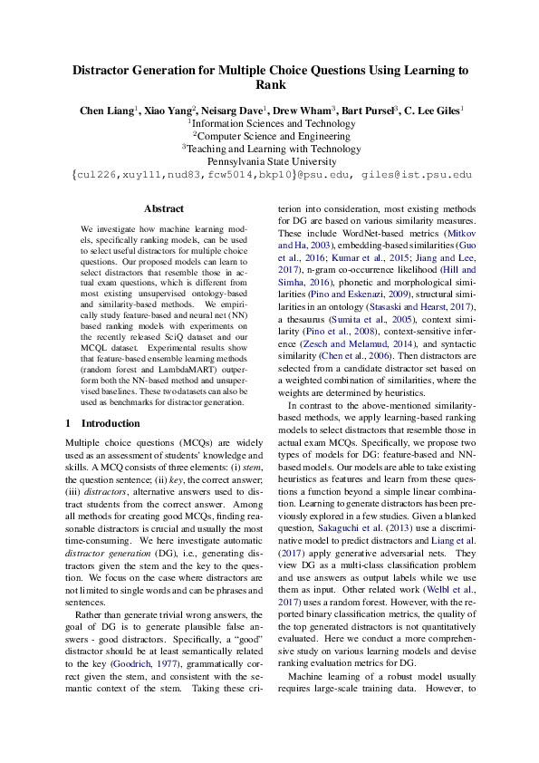 (PDF) Distractor Generation for Multiple Choice Questions Using ...