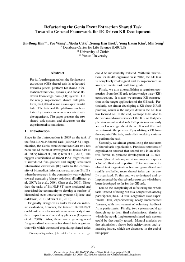 Pdf Refactoring The Genia Event Extraction Shared Task Toward A General Framework For Ie
