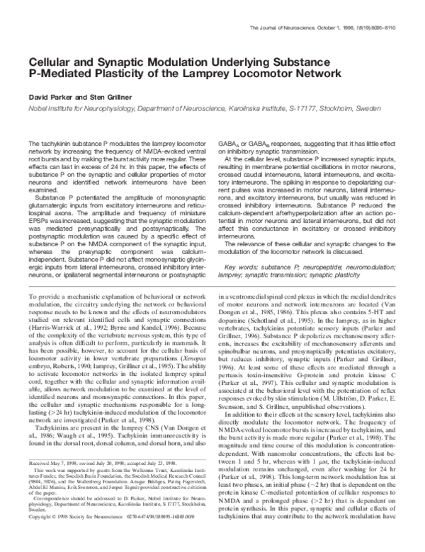 (PDF) Cellular and Synaptic Modulation Underlying Substance P-Mediated Plasticity of the Lamprey ...