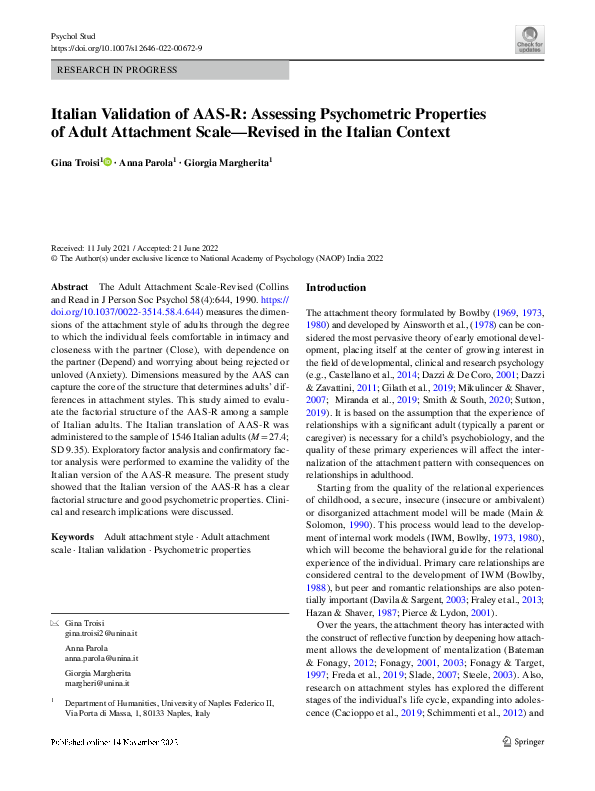 (PDF) Italian Validation of AAS-R: Assessing Psychometric Properties of ...