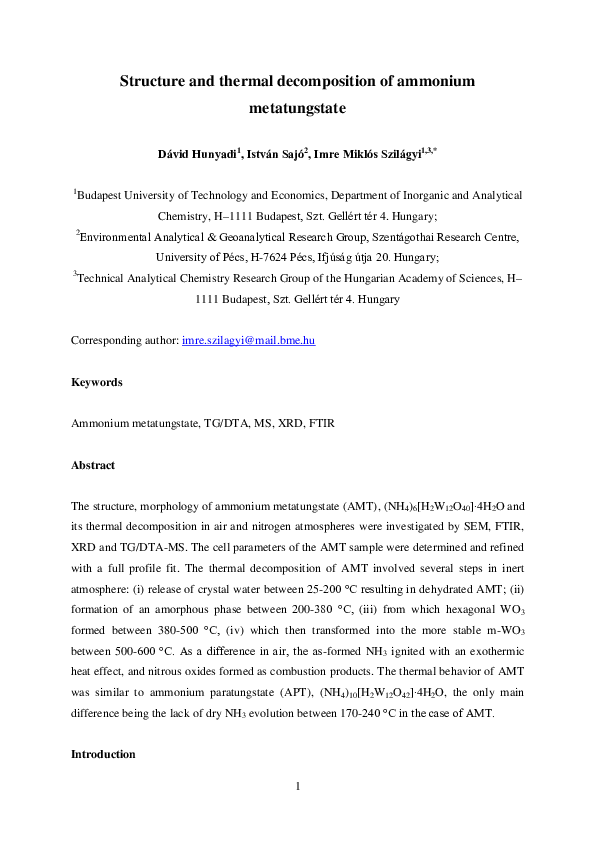 (PDF) Structure and thermal decomposition of ammonium metatungstate