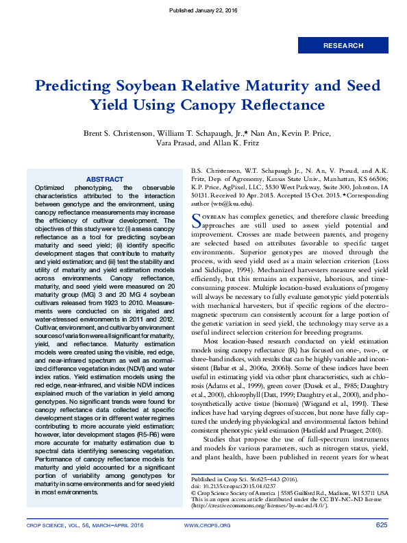 (PDF) Predicting Soybean Relative Maturity and Seed Yield Using Canopy Reflectance