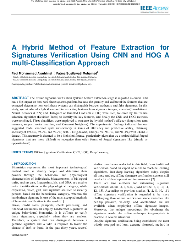 Pdf A Hybrid Method Of Feature Extraction For Signatures Verification Using Cnn And Hog A