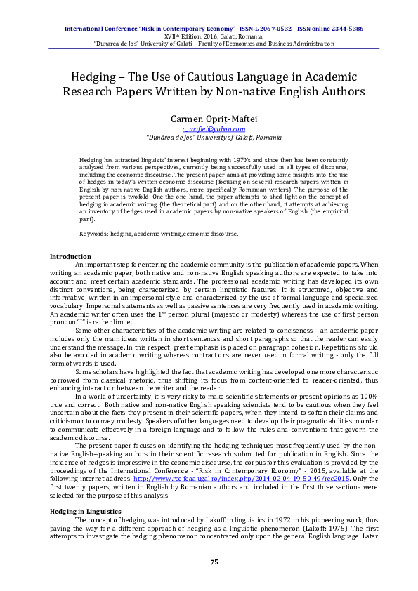 (PDF) Hedging - The Use of Cautious Language in Academic Research ...