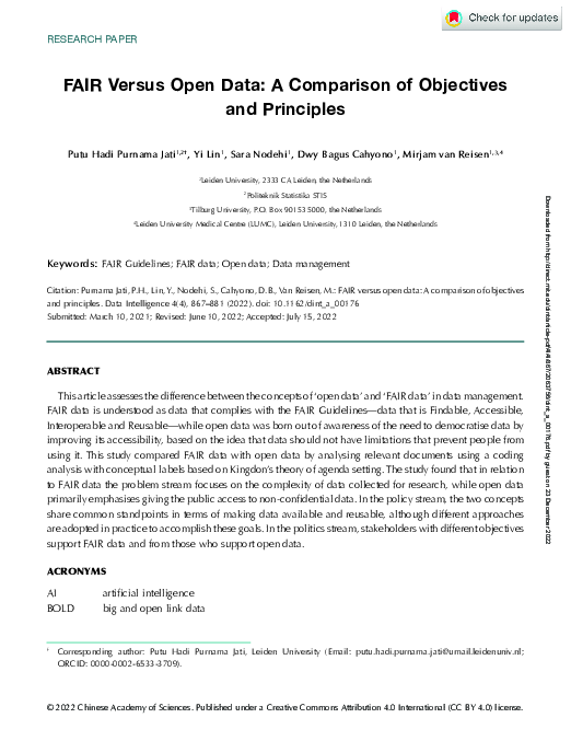 (PDF) FAIR Versus Open Data: A Comparison of Objectives and Principles