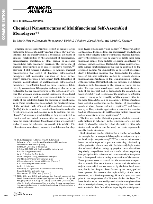 (PDF) Chemical Nanostructures of Multifunctional Self-Assembled Monolayers