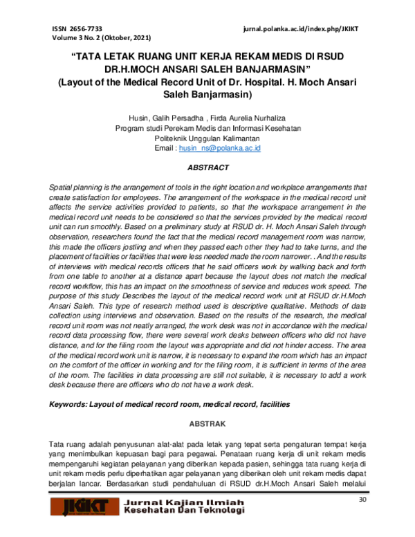 (PDF) Tata Letak Ruang Unit Kerja Rekam Medis Di RSUD Dr.H.Moch Ansari ...