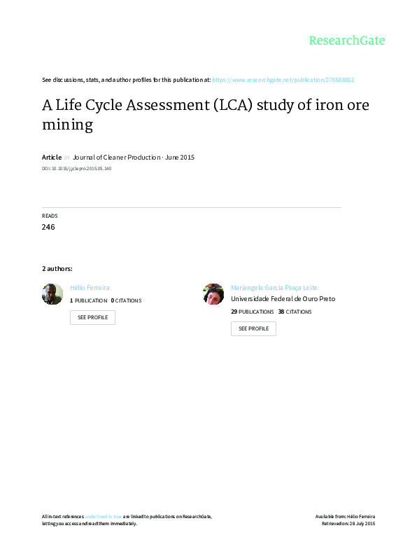 (PDF) A Life Cycle Assessment study of iron ore mining