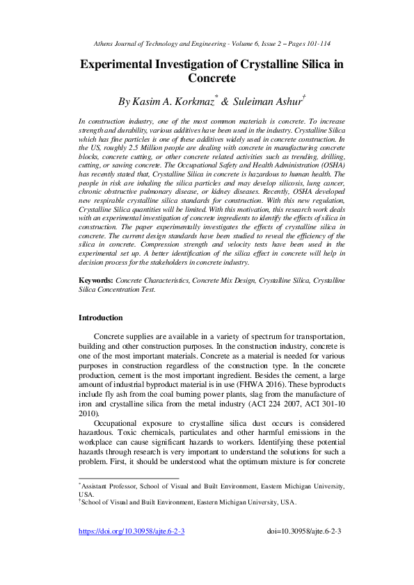 (PDF) Experimental Investigation of Crystalline Silica in Concrete (PDF) Experimental Investigation of Crystalline Silica in Concrete