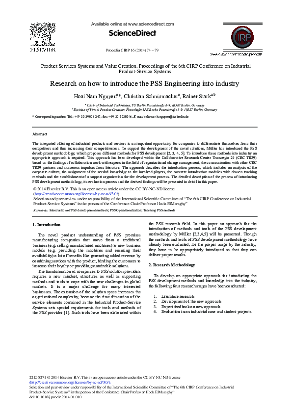 (PDF) Research on How to Introduce the PSS Engineering into Industry