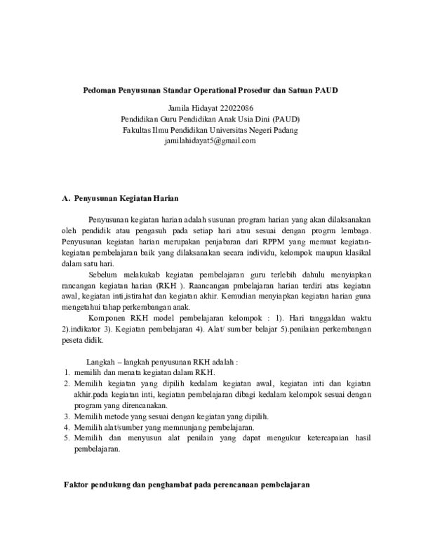 (DOC) Pedoman Penyusunan Standar Operational Prosedur dan Satuan PAUD