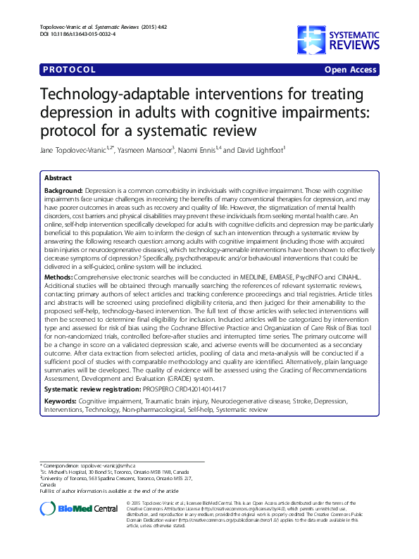 Technology-adaptable interventions for treating depression in adults with cognitive impairments ...