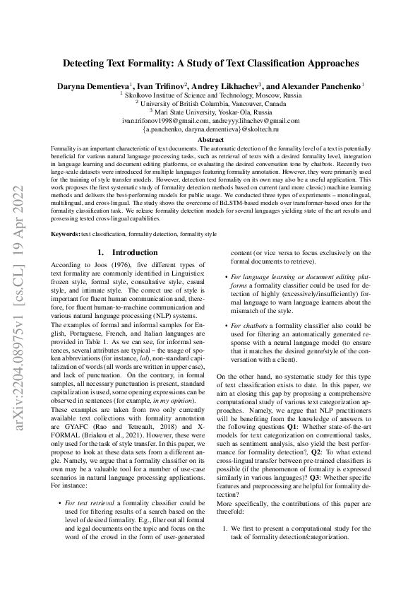 (PDF) Detecting Text Formality: A Study of Text Classification Approaches