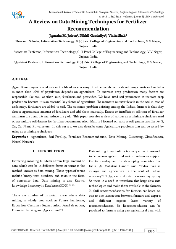 (PDF) CSEIT1831400 | A Review on Data Mining Techniques for Fertilizer Recommendation