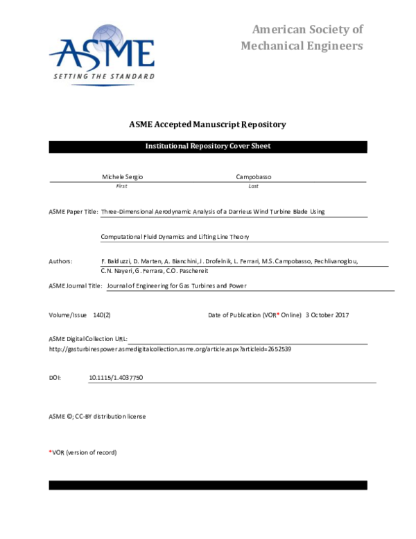 Pdf Three Dimensional Aerodynamic Analysis Of A Darrieus Wind Turbine
