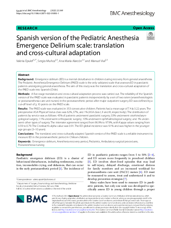 (PDF) Spanish Adaptation of PAED Scale for Emergence Delirium in Children