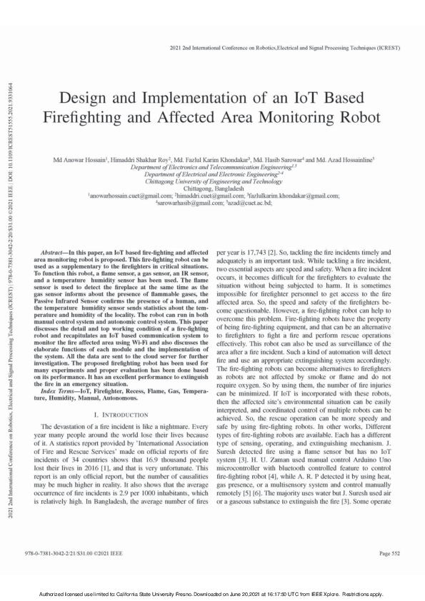 (PDF) Design and Implementation of an IoT Based Firefighting and Affected Area Monitoring Robot