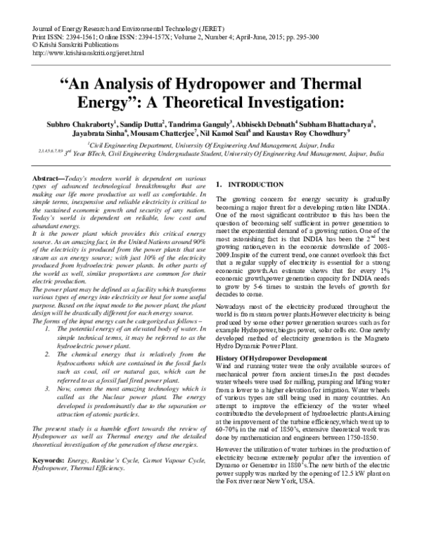 (PDF) An Analysis of Hydropower and Thermal Energy": A Theoretical ...