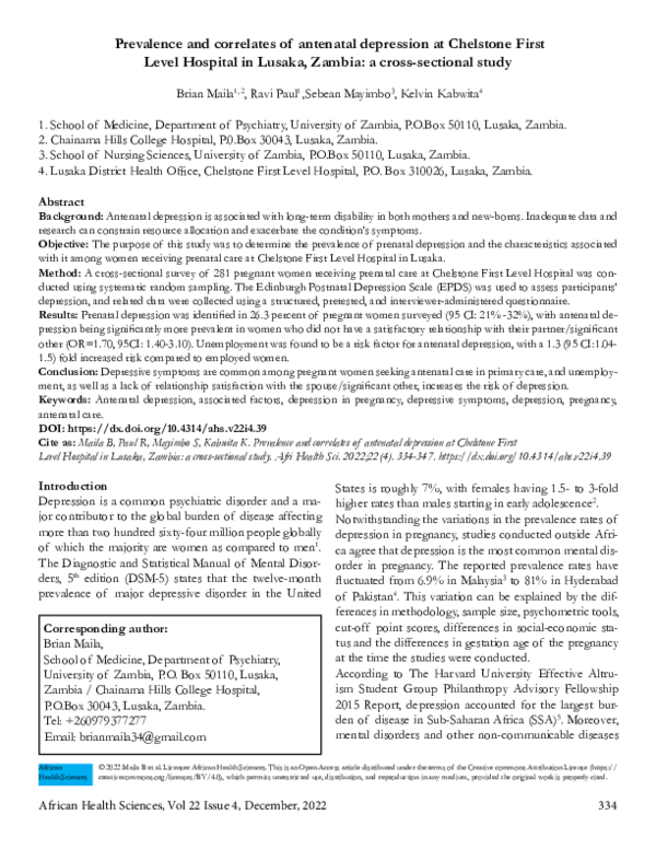 (PDF) Prevalence and correlates of antenatal depression at Chelstone ...