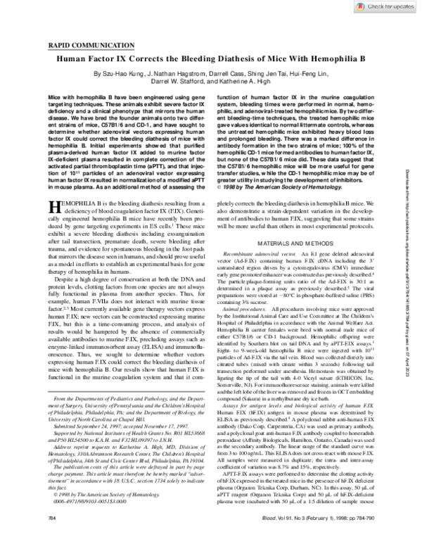 (PDF) Human Factor IX Corrects the Bleeding Diathesis of Mice With ...