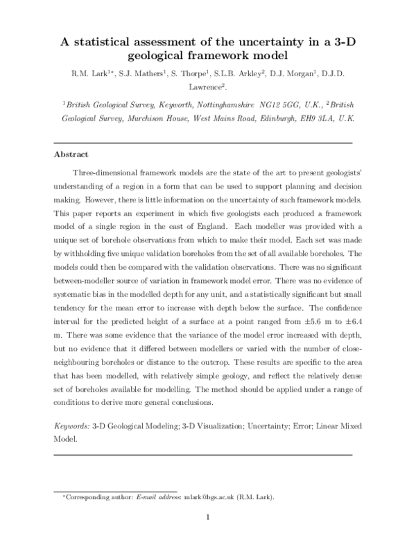 (PDF) A statistical assessment of the uncertainty in a 3-D geological framework model