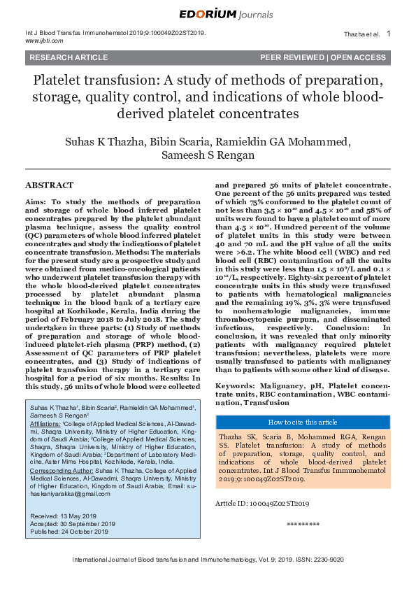 (PDF) Platelet transfusion: A study of methods of preparation, storage ...