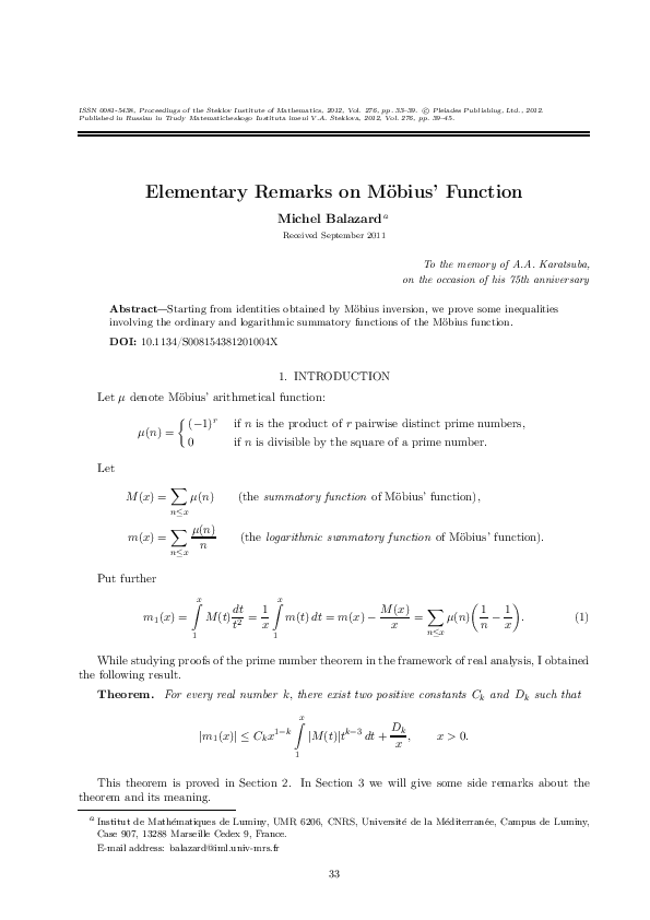(PDF) Elementary remarks on Möbius’ function