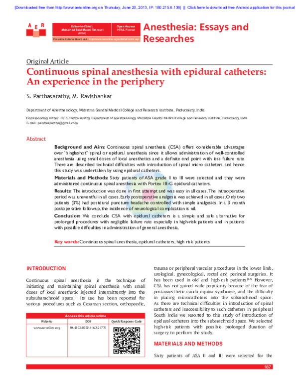 (PDF) Epidural Catheters in Continuous Spinal Anesthesia